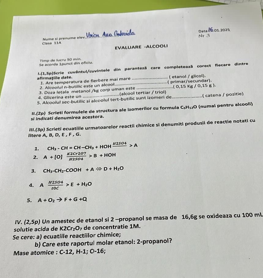 EVALUARE -ALCOOLI 1(15p)Scrie | StudyX