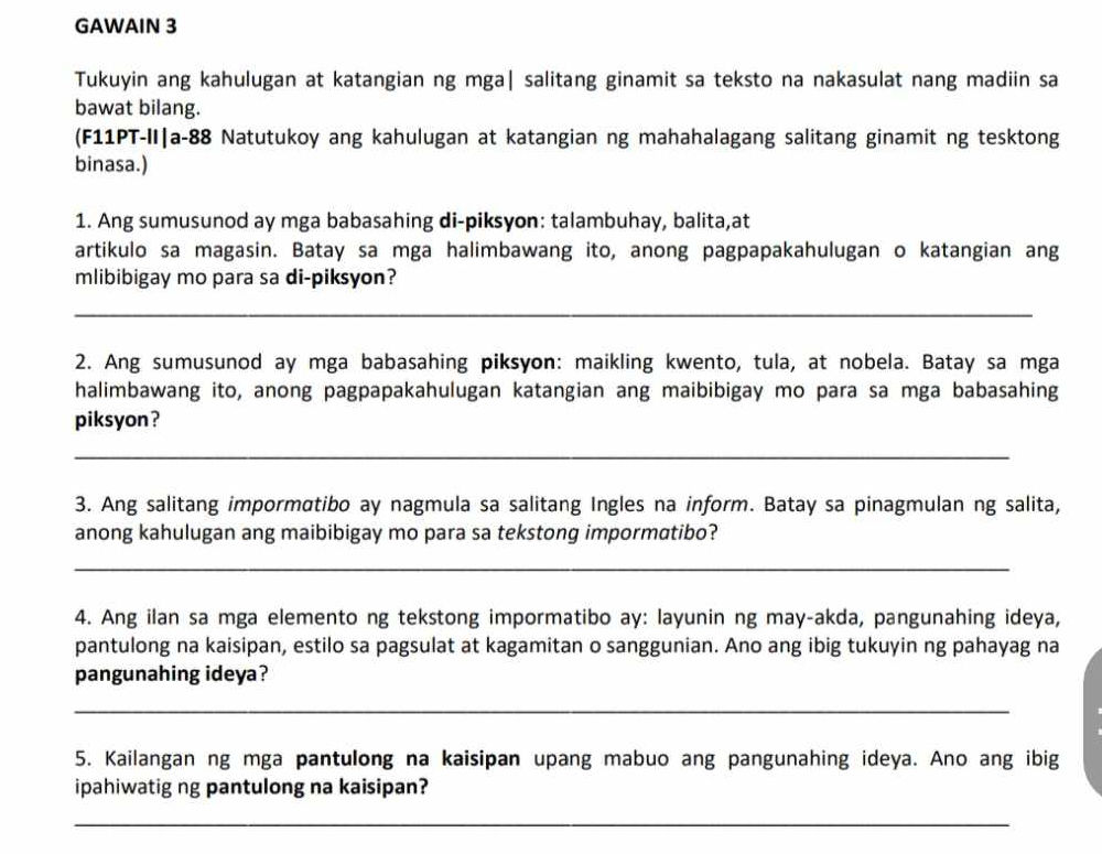 GAWAIN 3 Tukuyin ang kahulugan at katangian | StudyX