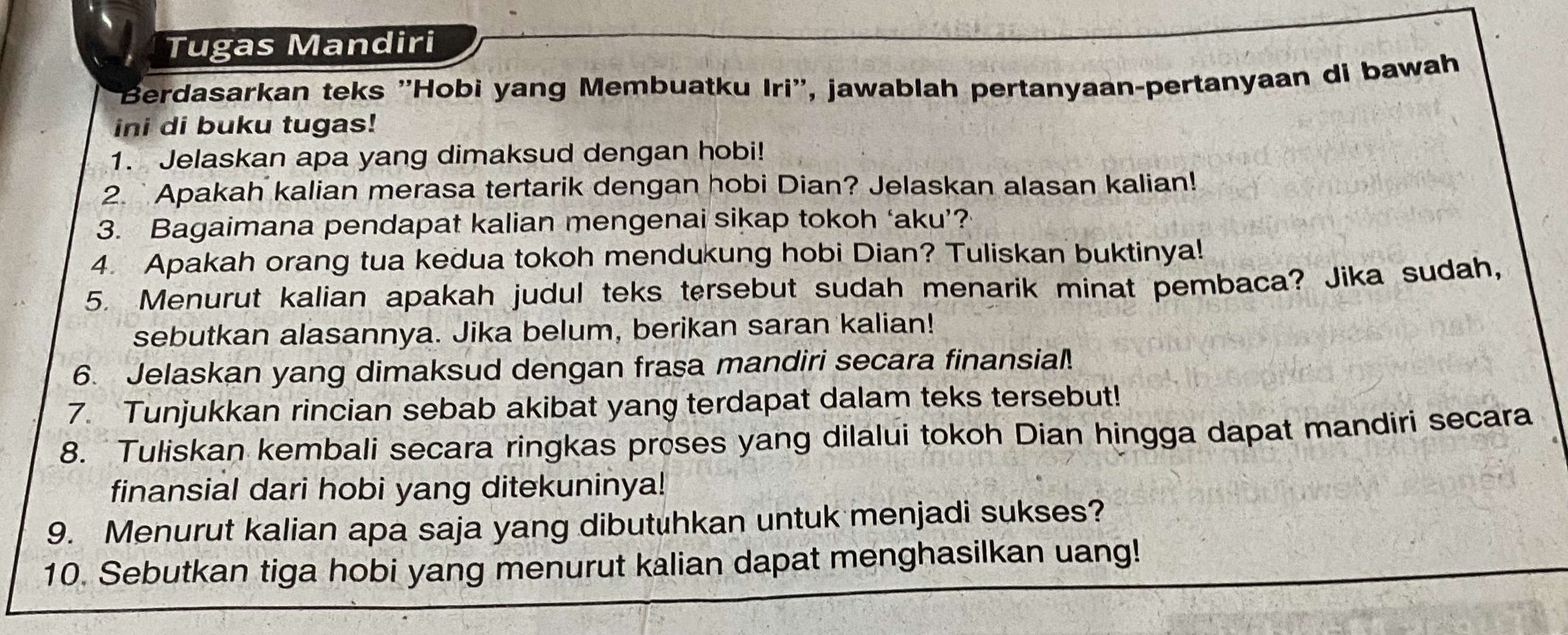 Tugas Mandiri Berdasarkan teks Hobi yang | StudyX