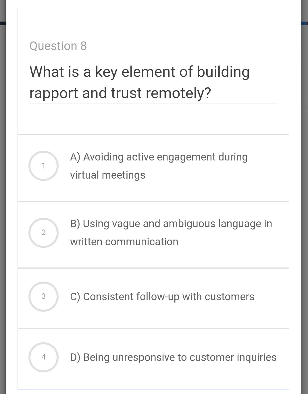 Question 8 What is a key element of building | StudyX