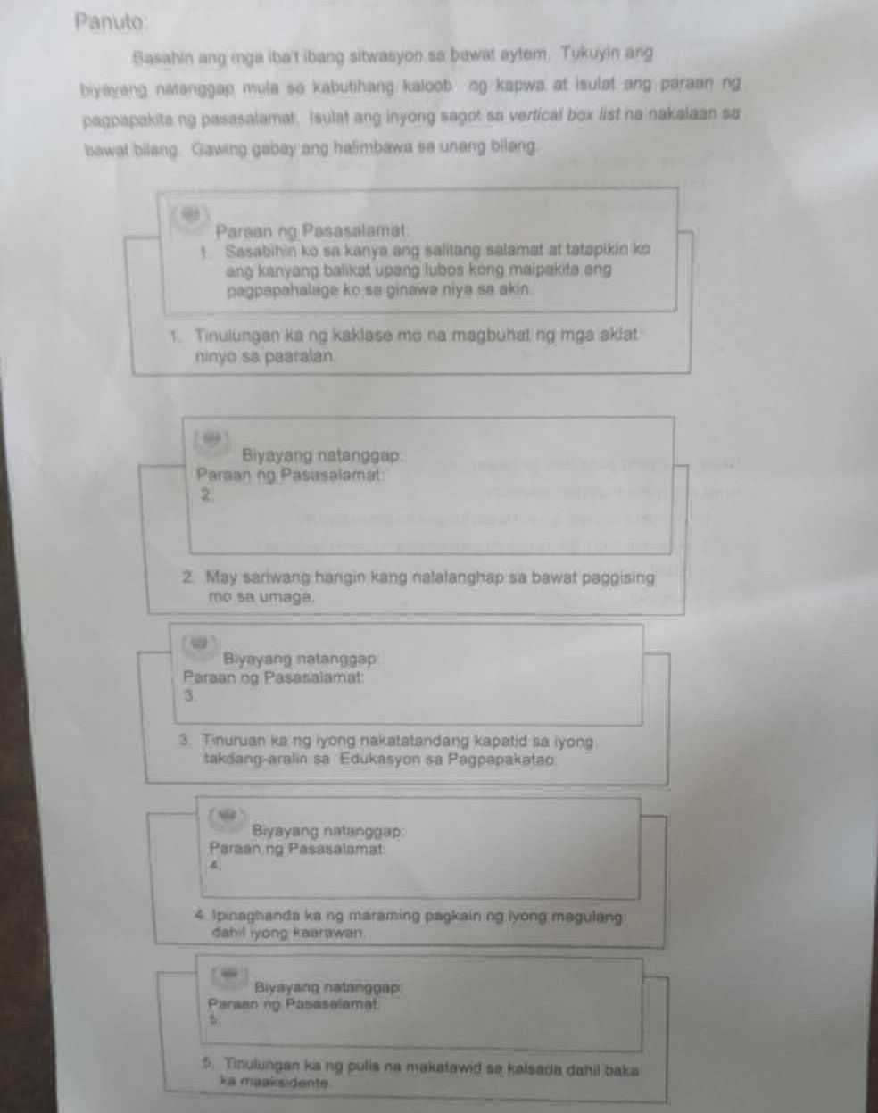 Panuto Basahin ang mga ibat ibang sitwasyon | StudyX