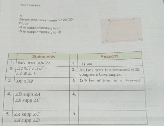 Assessment A) Given Isosceles trapezoid ABCD | StudyX