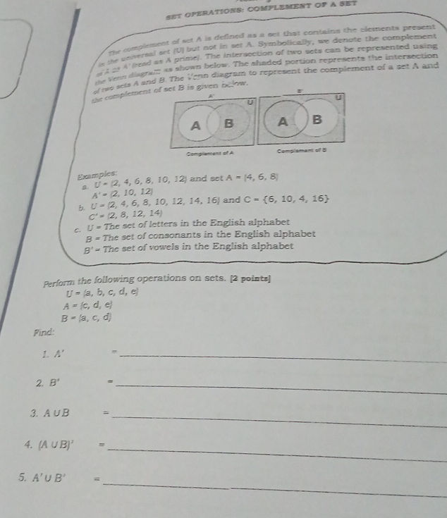 SET OPERATIONS COMPLEMENT OF A SET The | StudyX