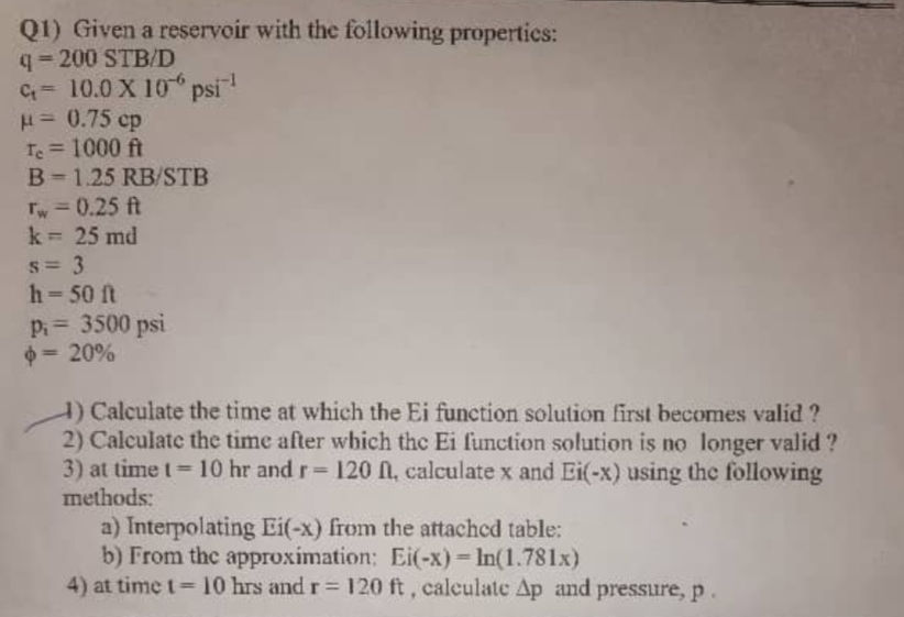 Q1) Given a reservoir with the following | StudyX