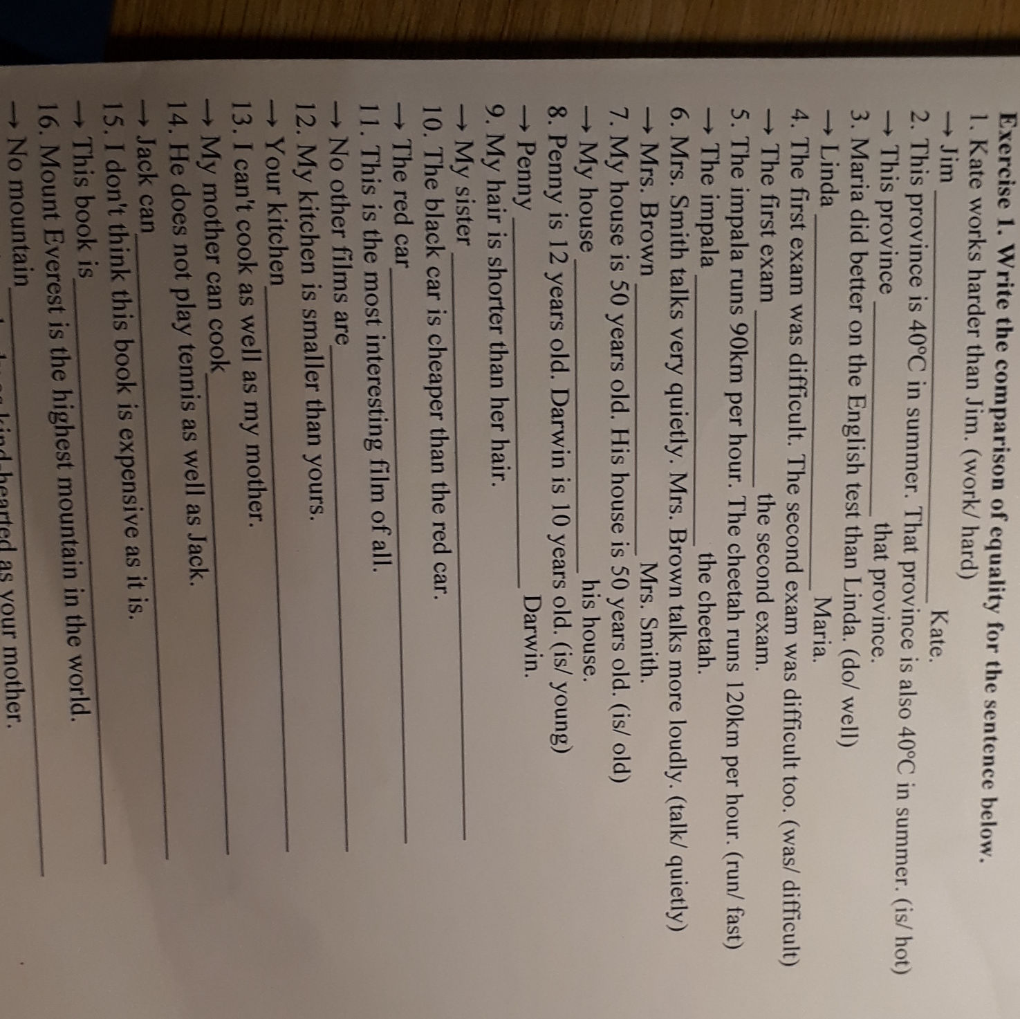 Exercise 1 Write the comparison of equality | StudyX