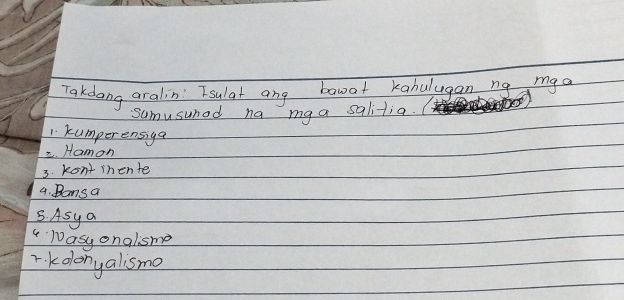 Takdang aralin Isulat ang bawat kahulugan ng | StudyX