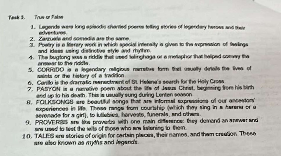 Task 3 True or False 1 Legends were long | StudyX