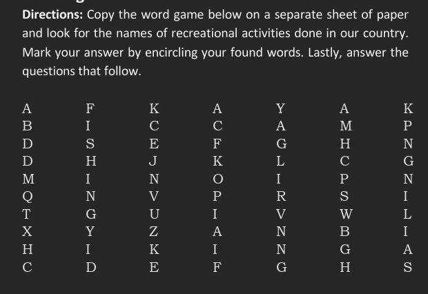 Directions Copy the word game below on a