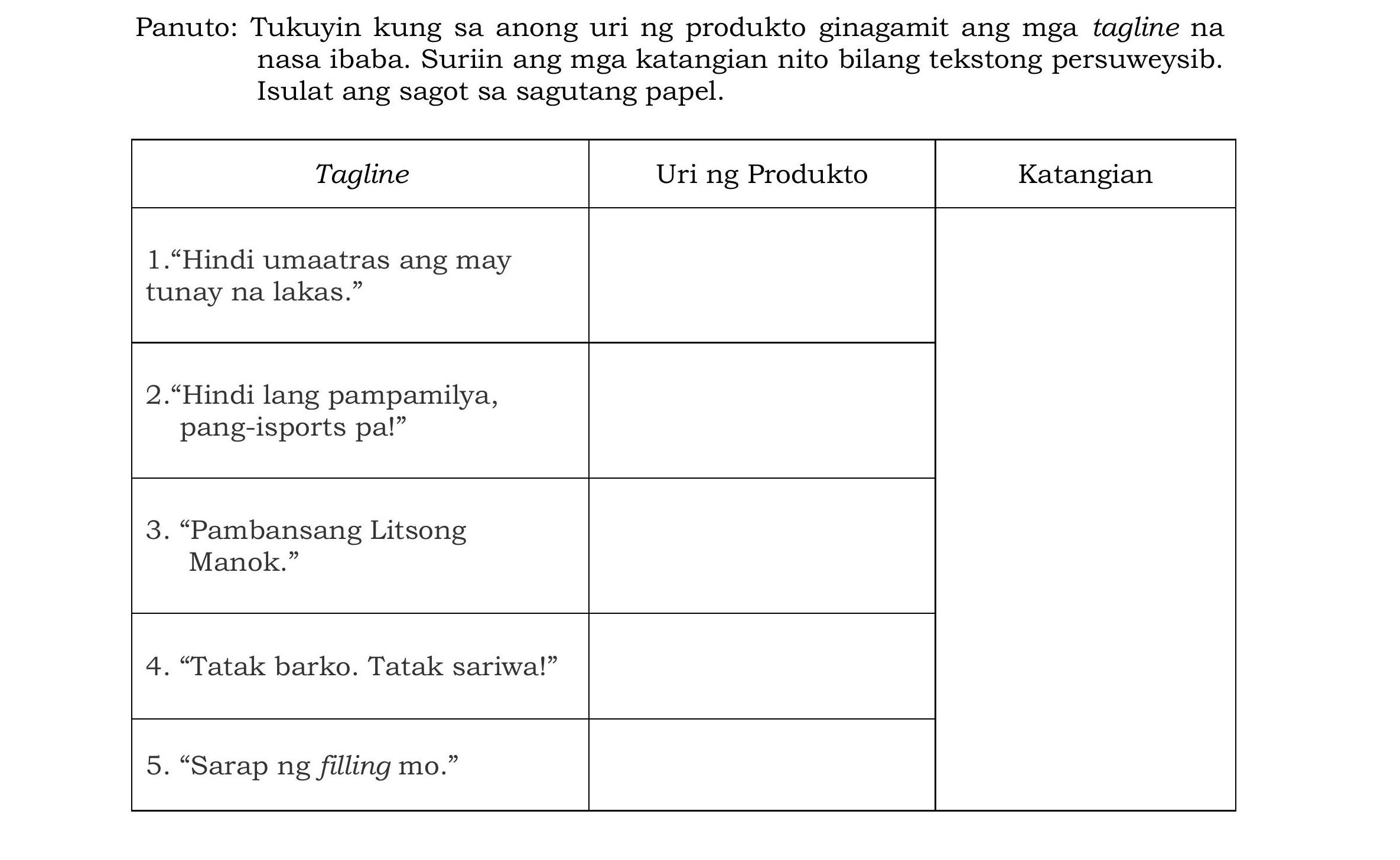 Panuto Tukuyin kung sa anong uri ng produkto | StudyX