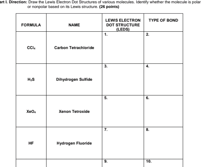 Part I Direction Draw the Lewis Electron Dot | StudyX