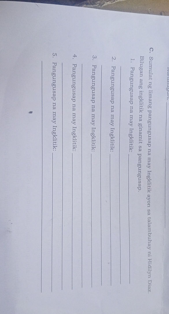 C Sumulat ng limang pangungusap na may | StudyX