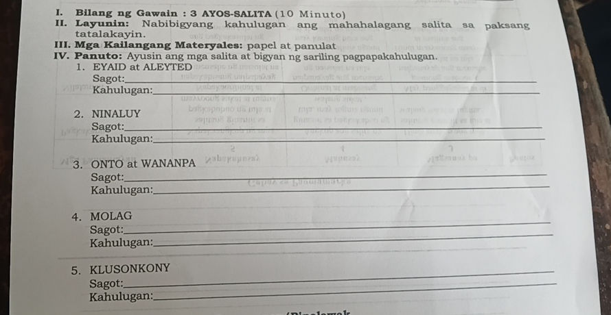 I Bilang ng Gawain 3 AYOS-SALITA (10 Minuto) | StudyX