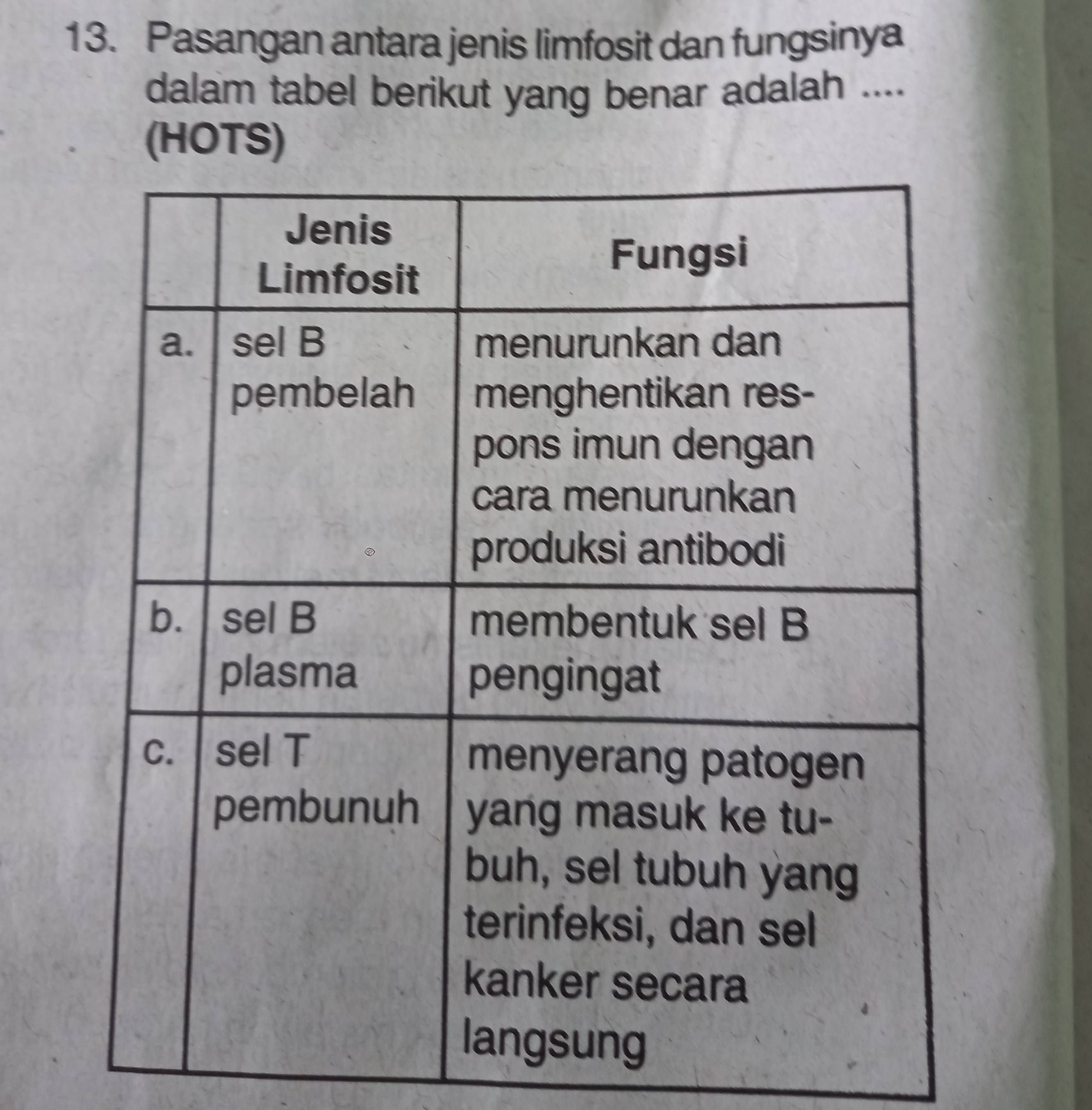 13 Pasangan antara jenis limfosit dan | StudyX