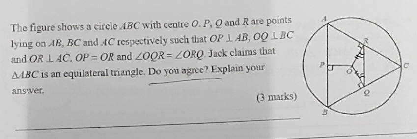 The figure shows a circle ABC with centre O