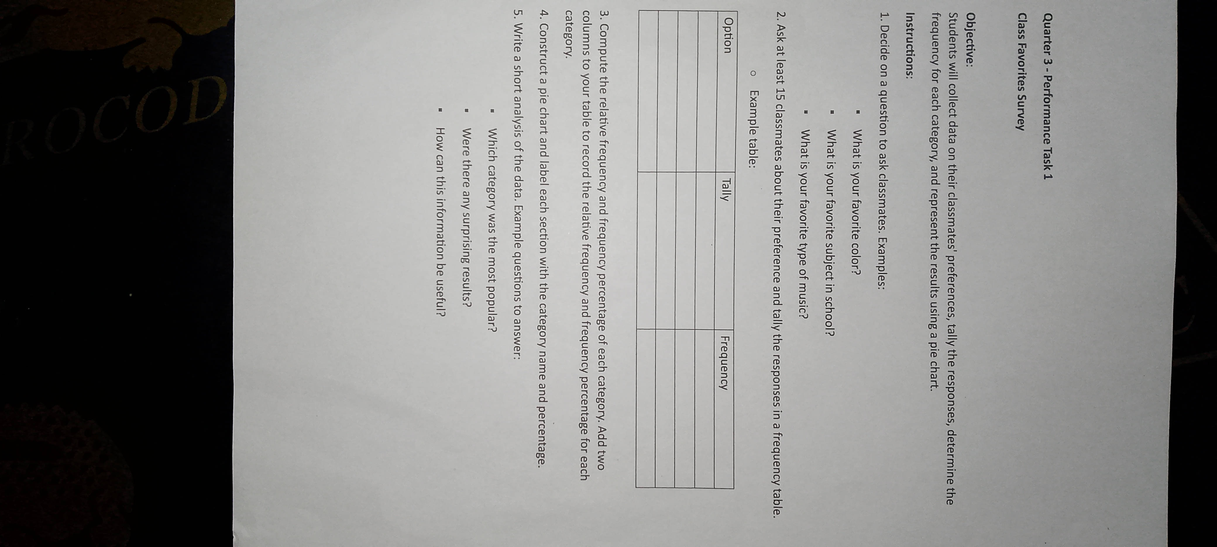 Quarter 3 - Performance Task 1 Class | StudyX