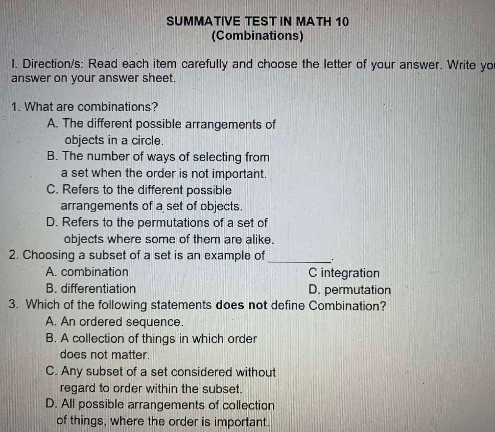 SUMMATIVE TEST IN MATH 10 (Combinations) I | StudyX