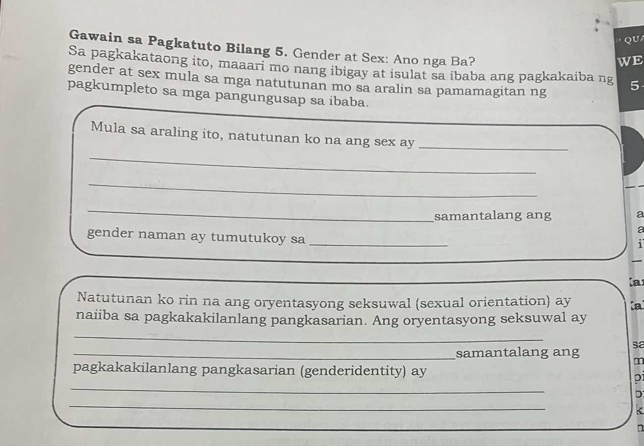 Gawain sa Pagkatuto Bilang 5 Gender at Sex | StudyX