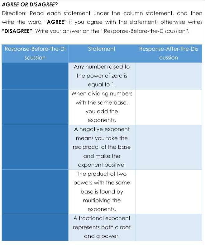 AGREE OR DISAGREE Direction Read each | StudyX