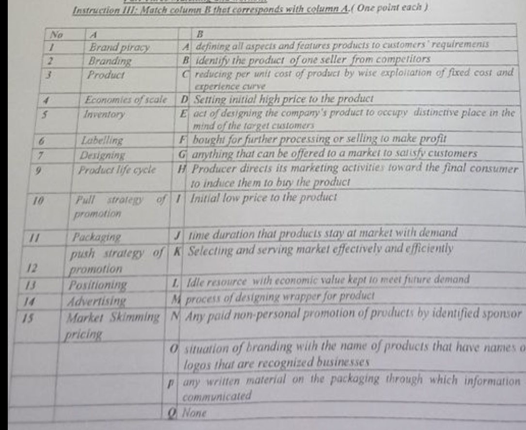 Instruction III Match column B that | StudyX