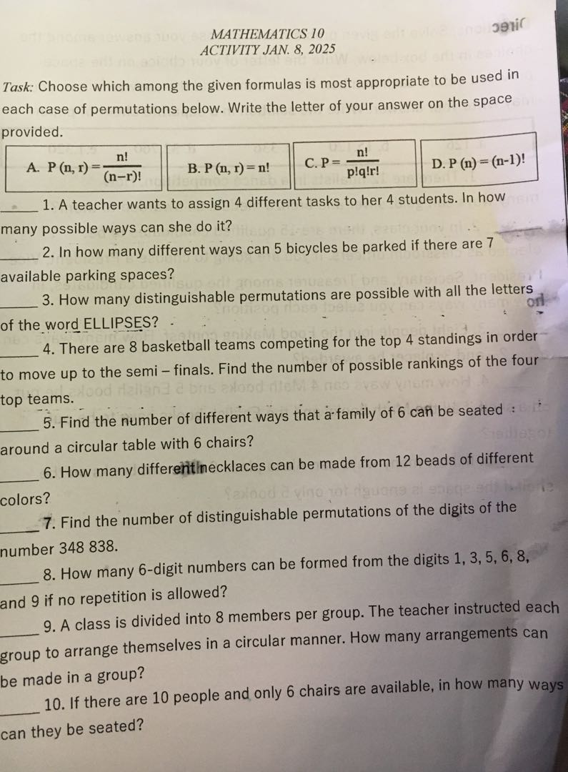 MATHEMATICS 10 ACTIVITY JAN 8 2025 Task | StudyX