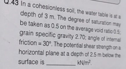 043 In a cohesionless soil the water table | StudyX