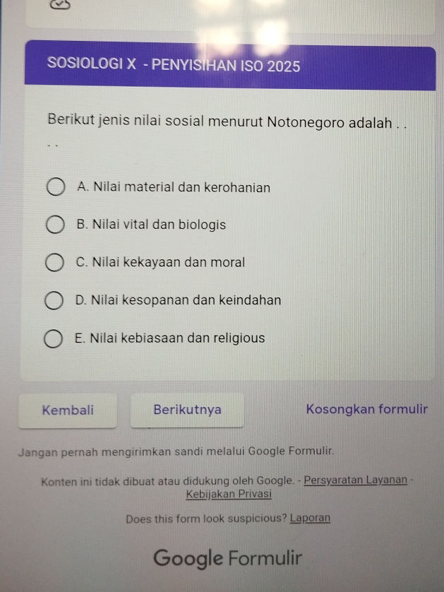 Berikut jenis nilai sosial menurut | StudyX