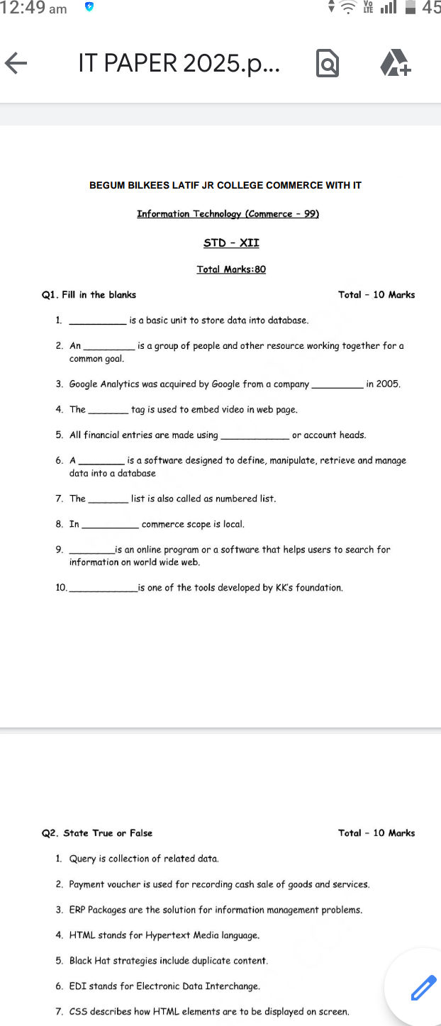 Q1 Fill in the blanks 1 is a basic unit to | StudyX