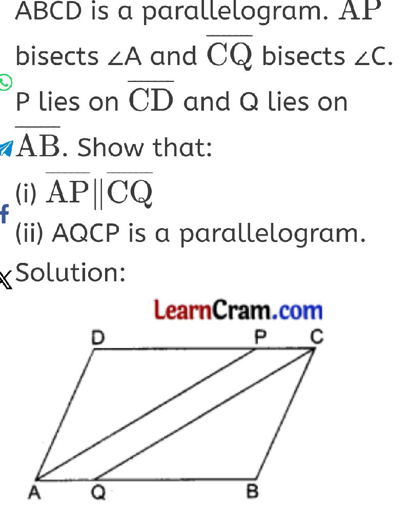ABCD is a parallelogram AP bisects A and CQ | StudyX
