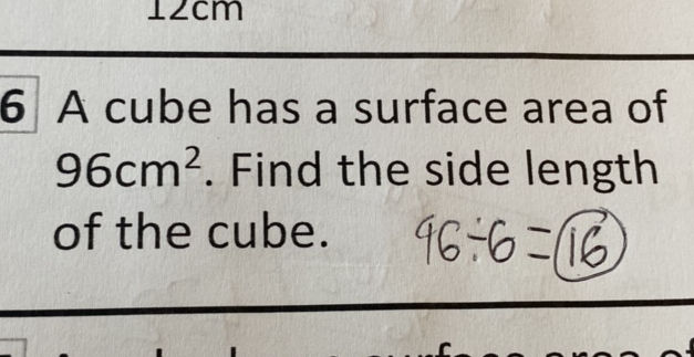 A cube has a surface area of 96cm Find the | StudyX