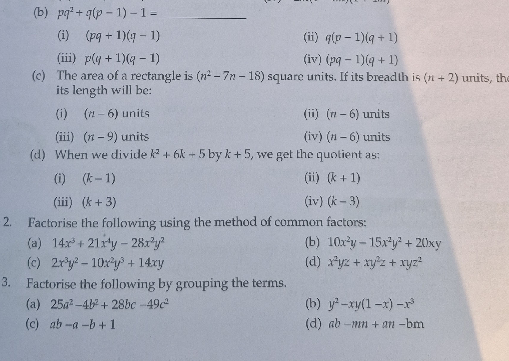 (b) pq+q(p-1) - 1 = (i) (pq + 1)(q 1) (ii)