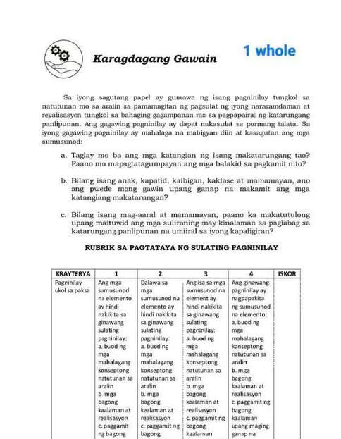 Karagdagang Gawain 1 whole Sa iyong sagutang | StudyX