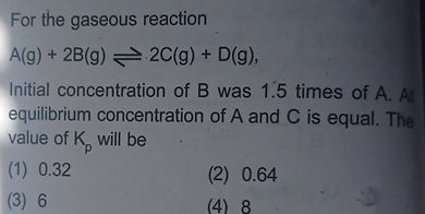 For the gaseous reaction A(g) + 2B(g) 2C(g) | StudyX