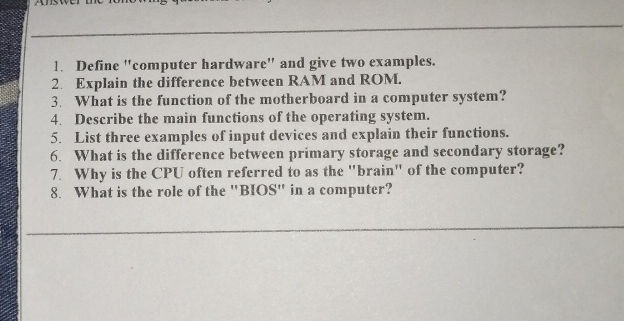 1 Define computer hardware and give two | StudyX