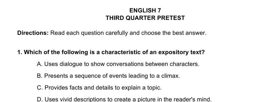 ENGLISH 7 THIRD QUARTER PRETEST Directions | StudyX