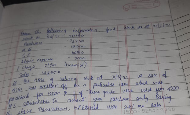 From the following information find stock as | StudyX