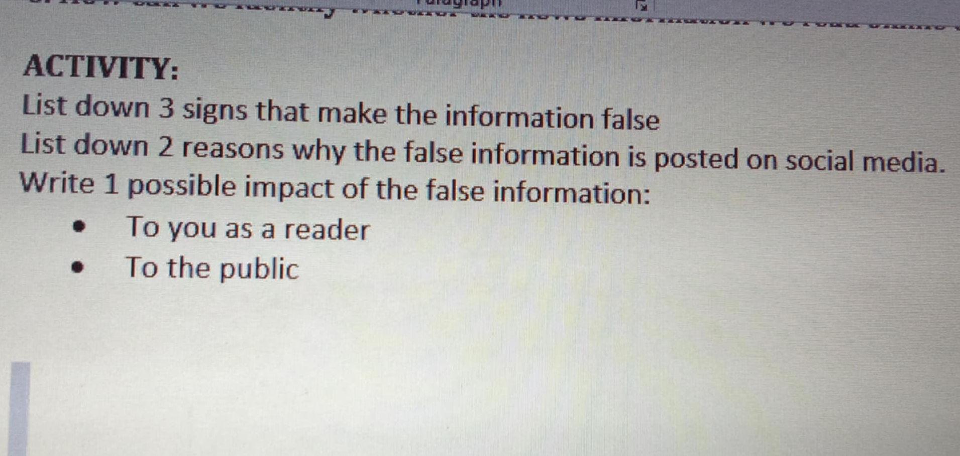 ACTIVITY List down 3 signs that make the | StudyX