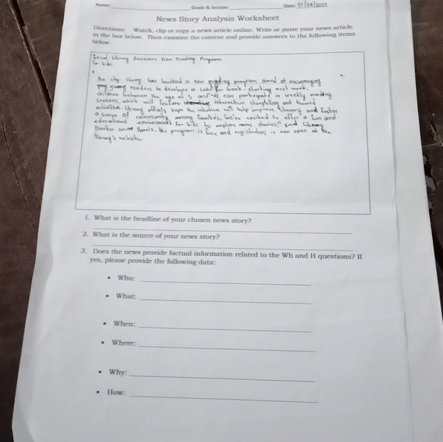 News Story Analysis Worksheet Directions | StudyX