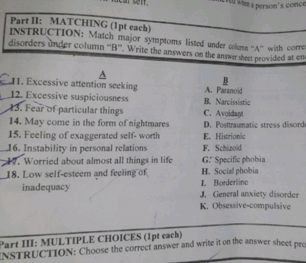 Part II MATCHING (1pt each) INSTRUCTION | StudyX