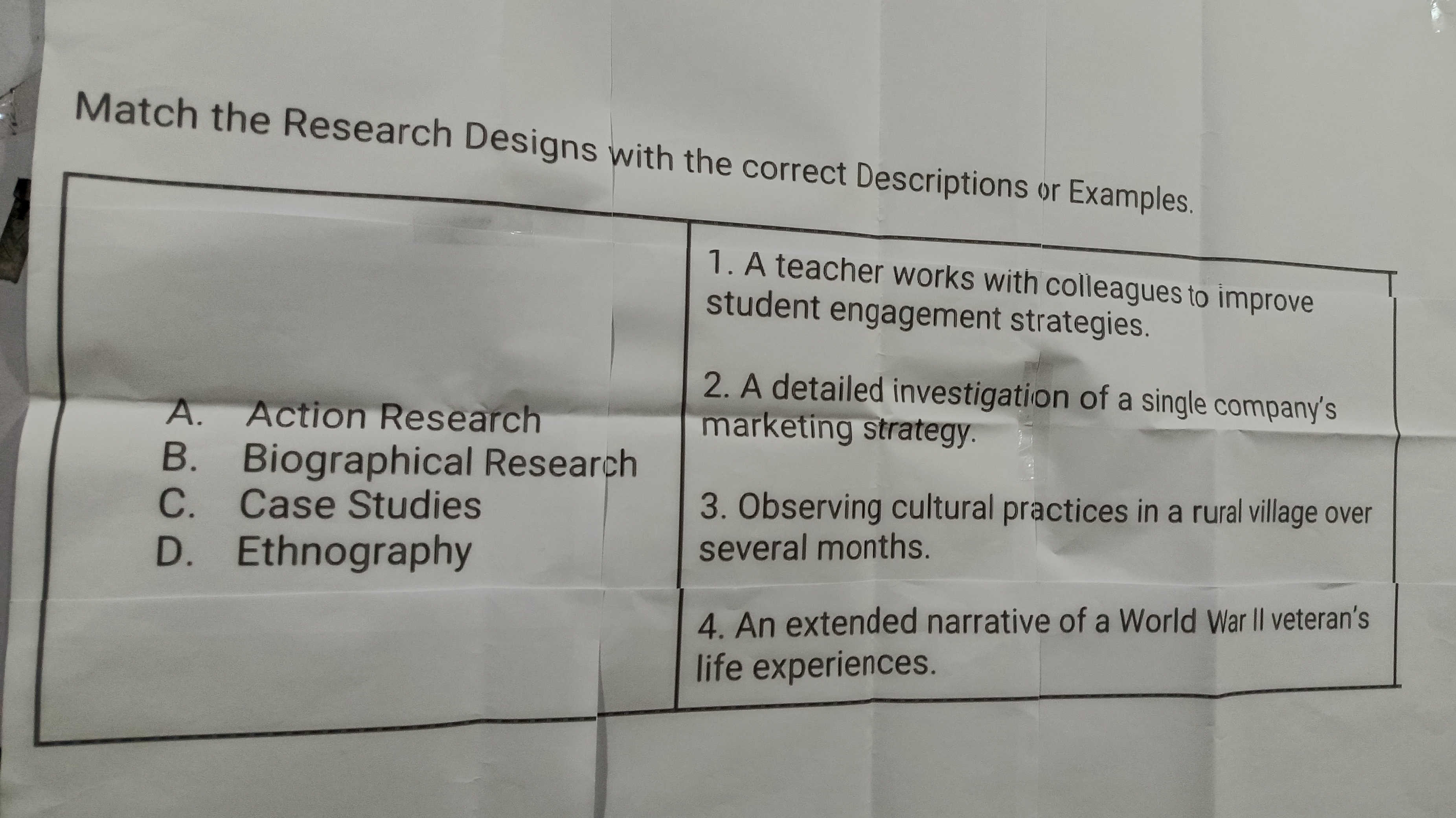 Match the Research Designs with the correct | StudyX