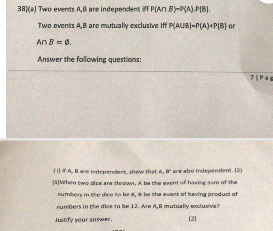 38)(a) Two events AB are independent iff P(A | StudyX