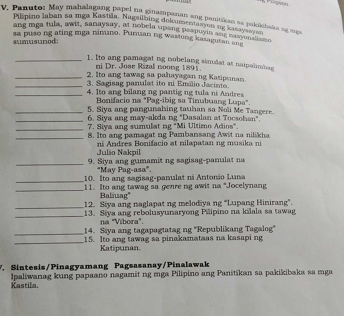 V Panuto May mahalagang papel na ginampanan | StudyX