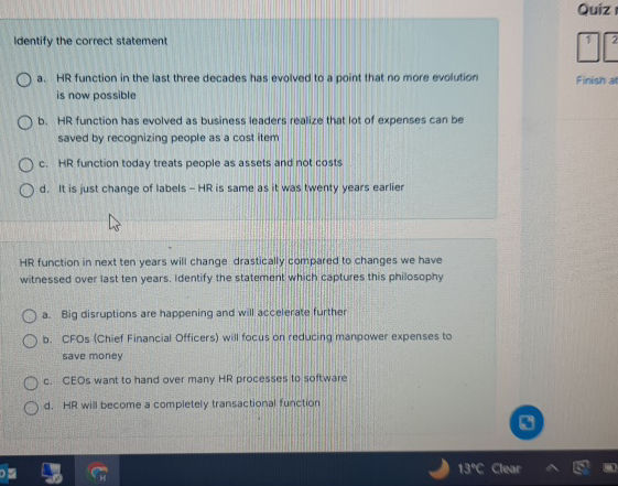 Identify the correct statement a HR function | StudyX