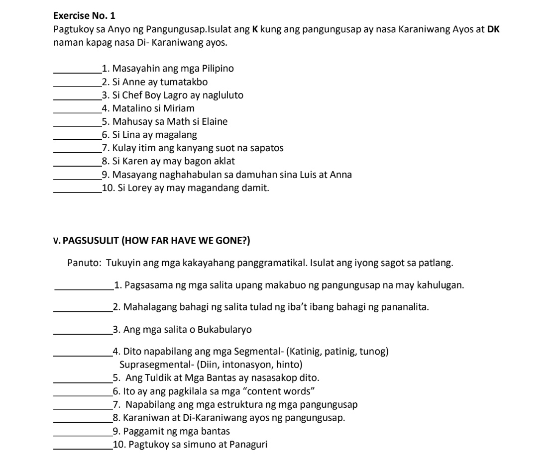Exercise No 1 Pagtukoy sa Anyo ng | StudyX