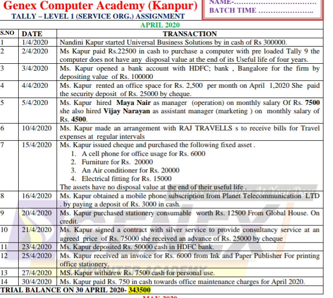 Genex Computer Academy (Kanpur) TALLY