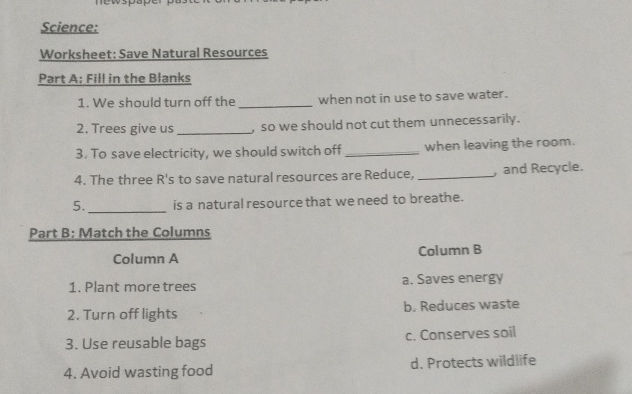 Science Worksheet Save Natural Resources | StudyX
