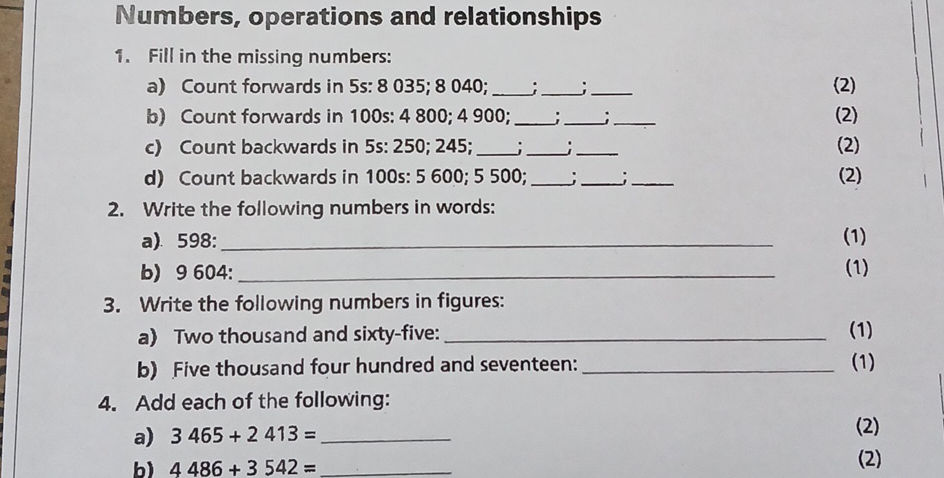 Numbers operations and relationships 1 Fill | StudyX