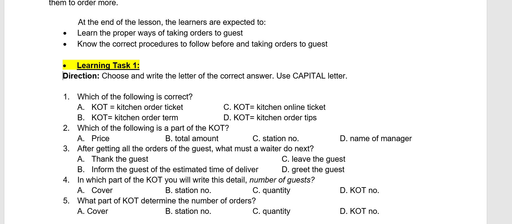 Learning Task 1 Direction Choose and write | StudyX