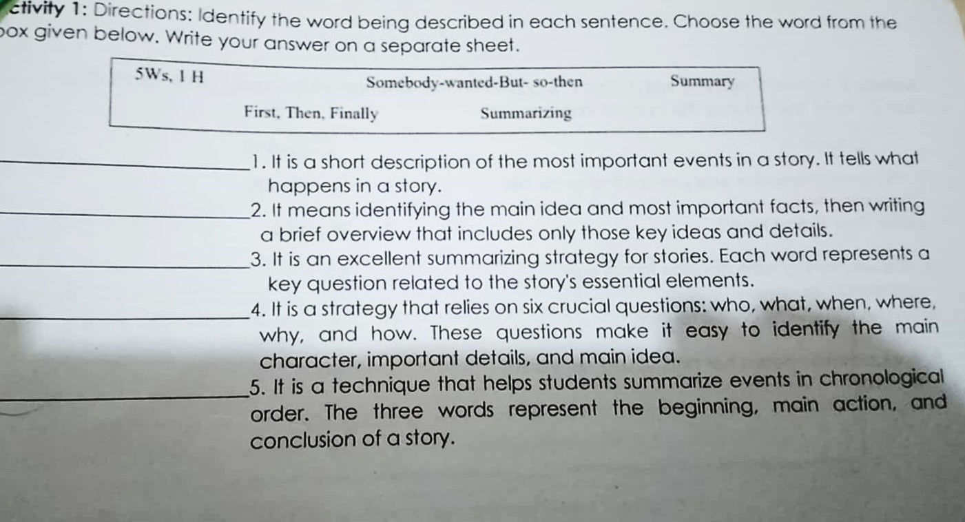 Activity 1 Directions Identify the word | StudyX