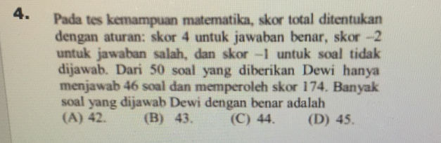 4 Pada tes kemampuan matematika skor total | StudyX