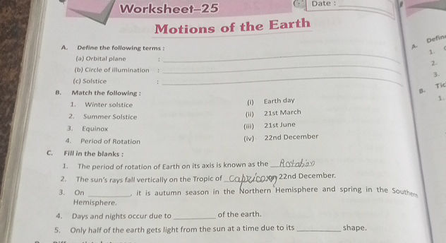 Worksheet-25 Motions of the Earth A Define | StudyX